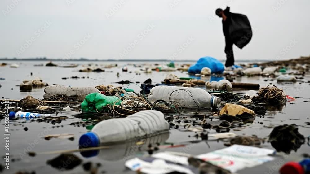 Person cleaning up plastic pollution from a body of water, highlighting ...