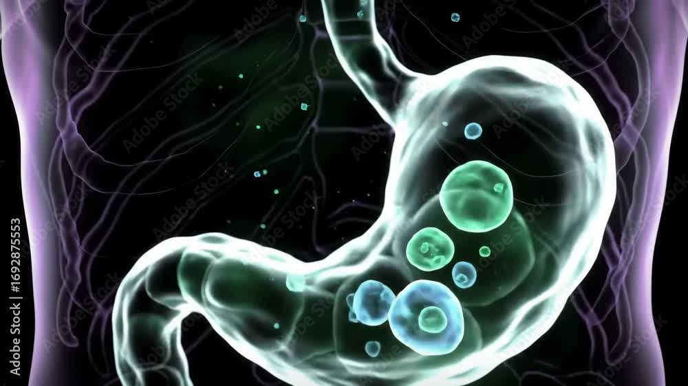 Luminous gastric fluid churning inside a human stomach, detailed 3D ...