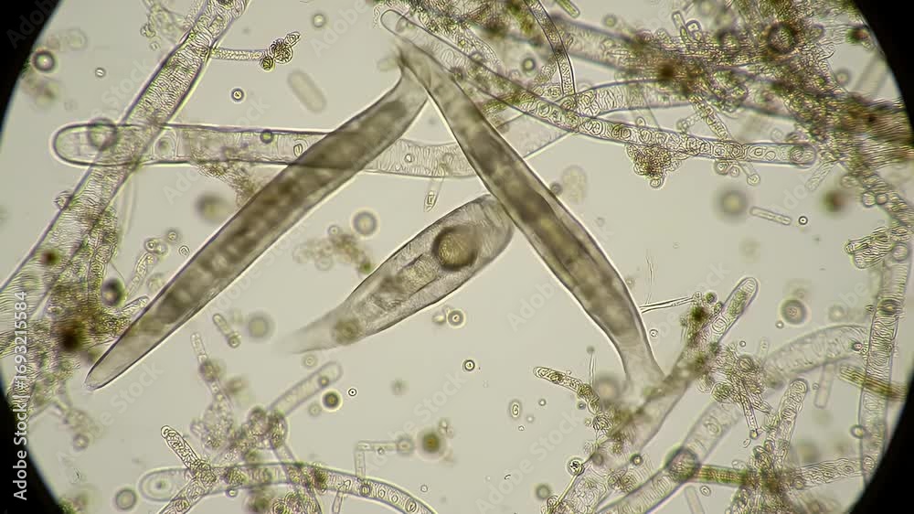 Detailed Microscopic View of Nematodes and Fungal Hyphae in Clear Fluid ...