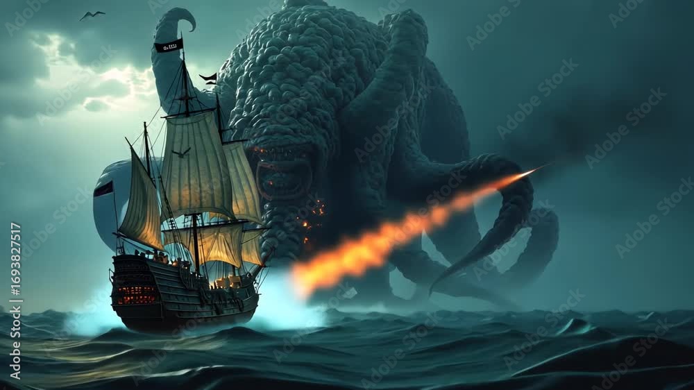 Epic Battle of Mythical Proportions: A Ship Confronting a Giant Sea ...