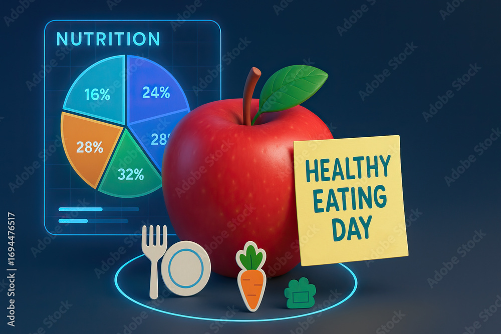 3D healthy eating concept with apple, nutrition chart, plate, carrot ...