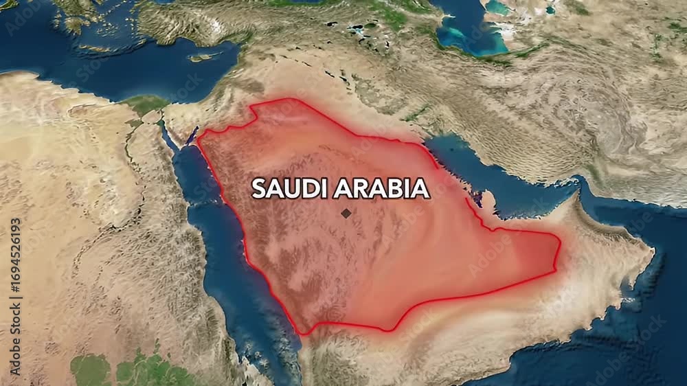 3d map of saudi arabia with its name labeled, showing its geographical ...