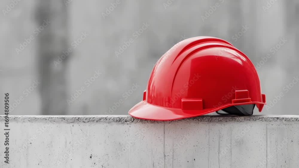 Construction site concrete wall displaying protective red safety helmet ...