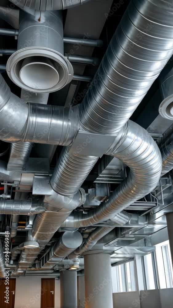 Exploring modern industrial architecture with visible ductwork and open ...
