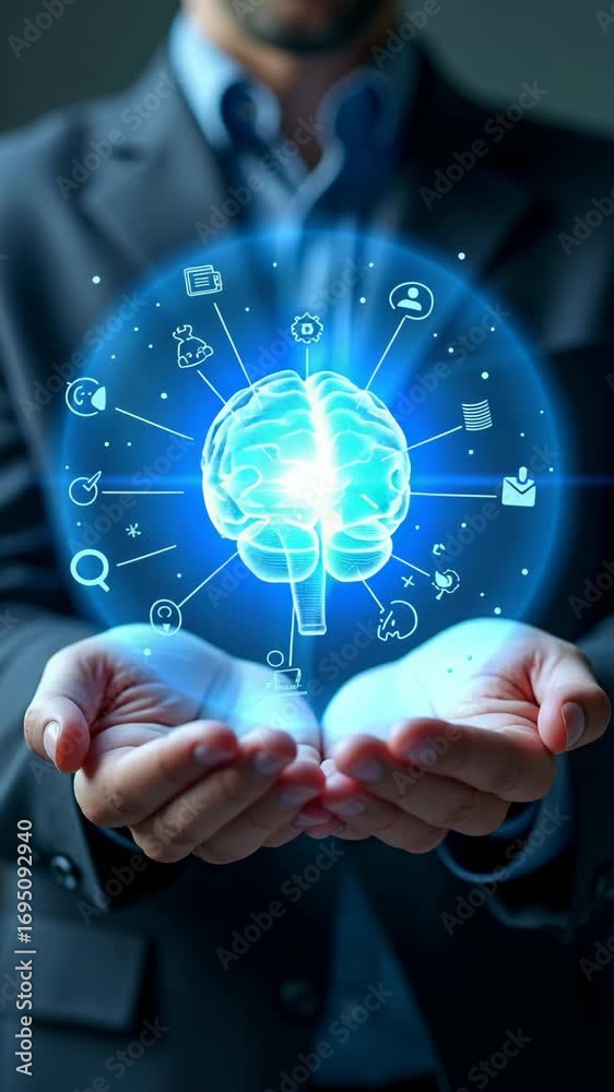 LLM Large Language Model and AI technology concept. Man holds LLM icons, artificial intelligence ...