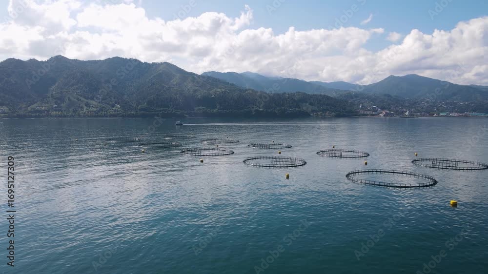 Footage of fish ponds, the main form of aquaculture. Salmon, sea bass ...