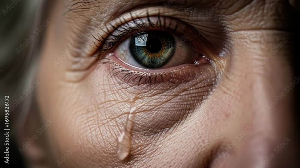 Close-up of an older person's green eye with a single tear rolling down ...