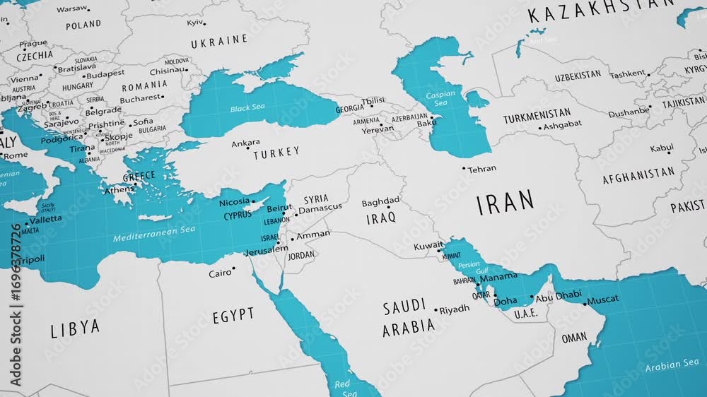 3D animated map of the Middle East with a smooth camera flyover. Stock ...