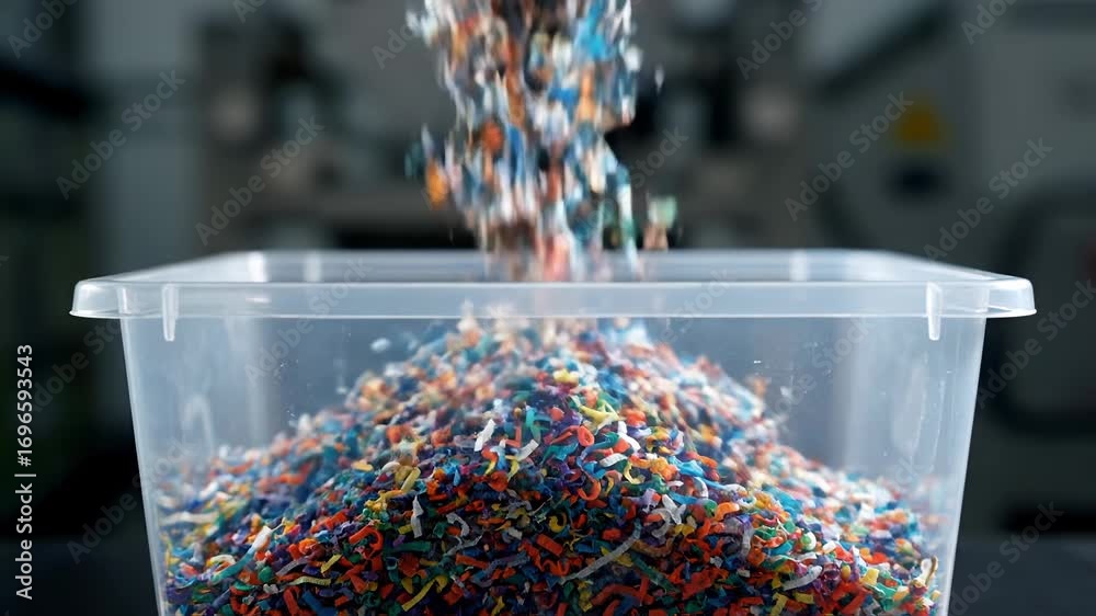 Brightly colored plastic pieces cascade into a transparent container in ...