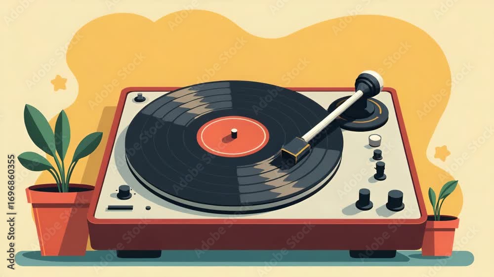 Flat Vintage vinyl record player clipart with nostalgia theme flat art ...