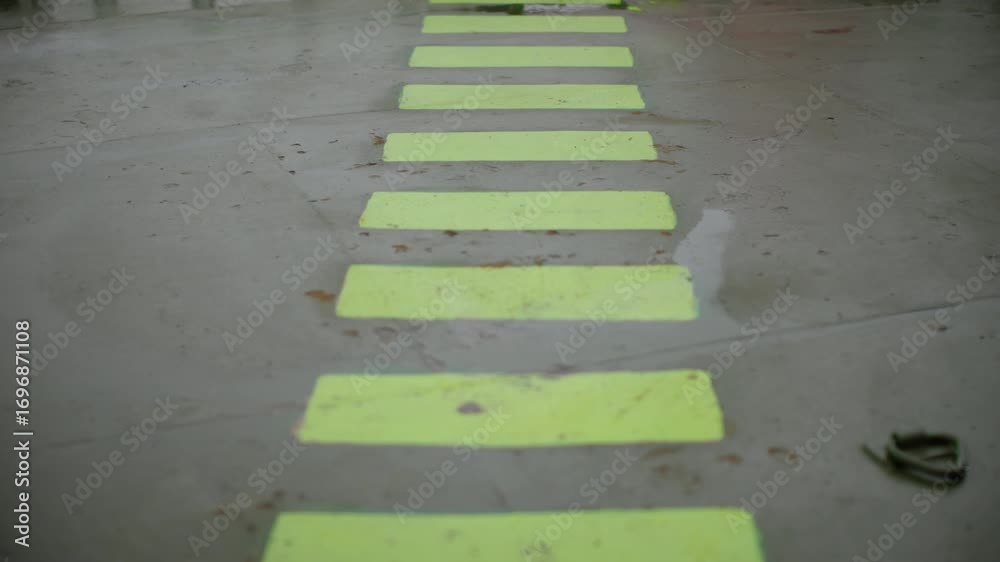 Fluorescent safety walkway markings on a polished concrete floor in an ...