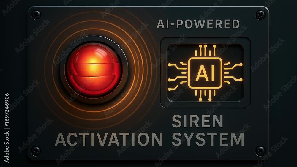 AI powered siren activation system with glowing red alert button and ...