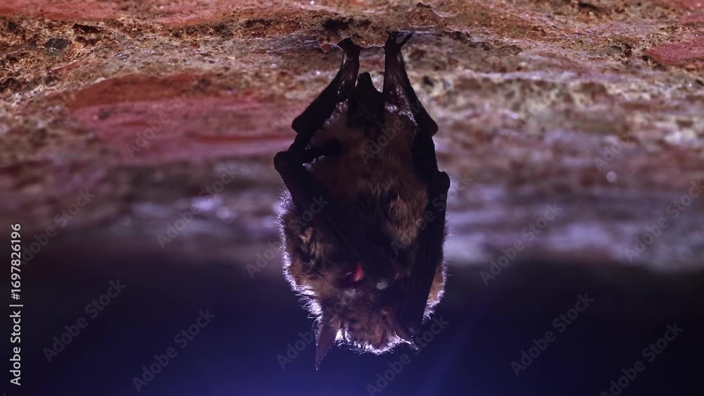 Close up strange animal Geoffroy’s bat Myotis emarginatus hanging ...