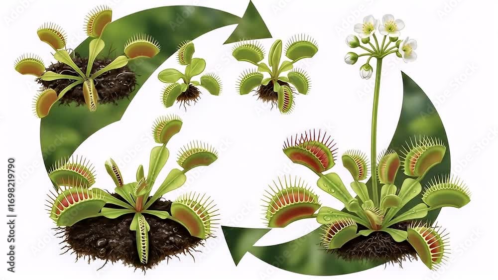 Illustrated lifecycle diagram of a venus flytrap plant with arrows ...