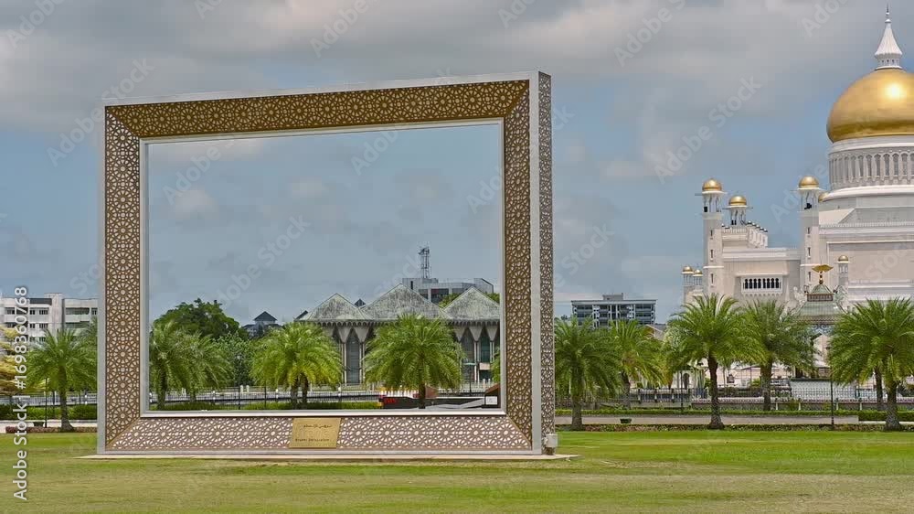 Frame at Masjid Sultan Omar Ali Saifuddin Mosque and royal barge in ...