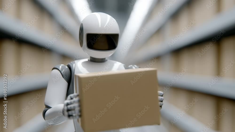 Humanoid robot holding cardboard box in warehouse with shelves full of ...