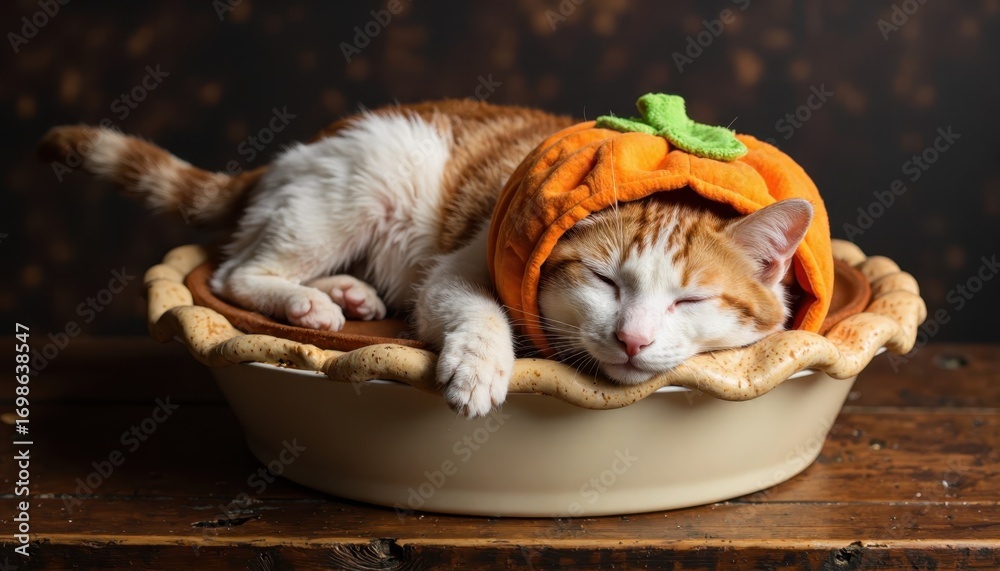 Cute orange tabby cat wearing a pumpkin hat sleeps peacefully inside a ...