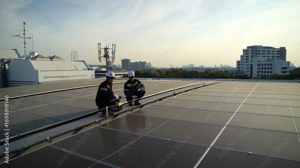 Solar panel installation work in progress at a renewable energy ...