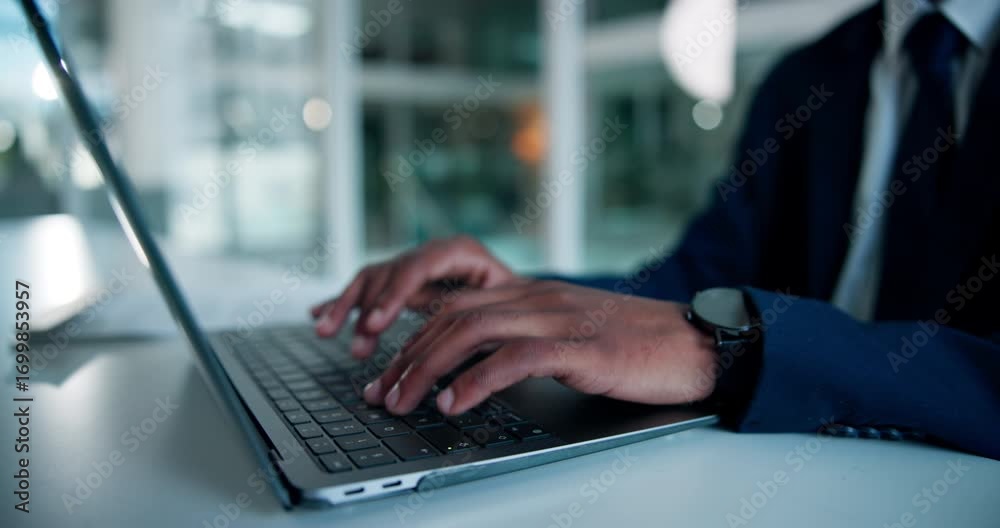 Hands, business and man with laptop, typing and trading with website ...