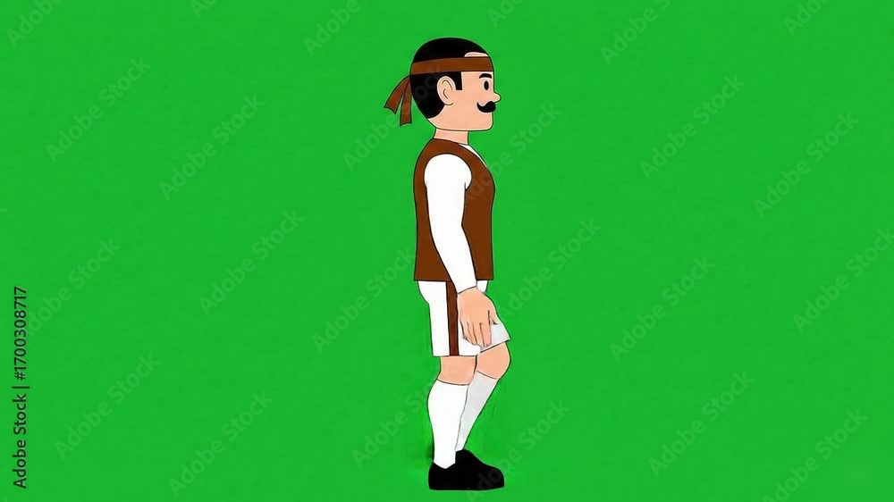 Animated man with mustache and headband walks briskly across green ...