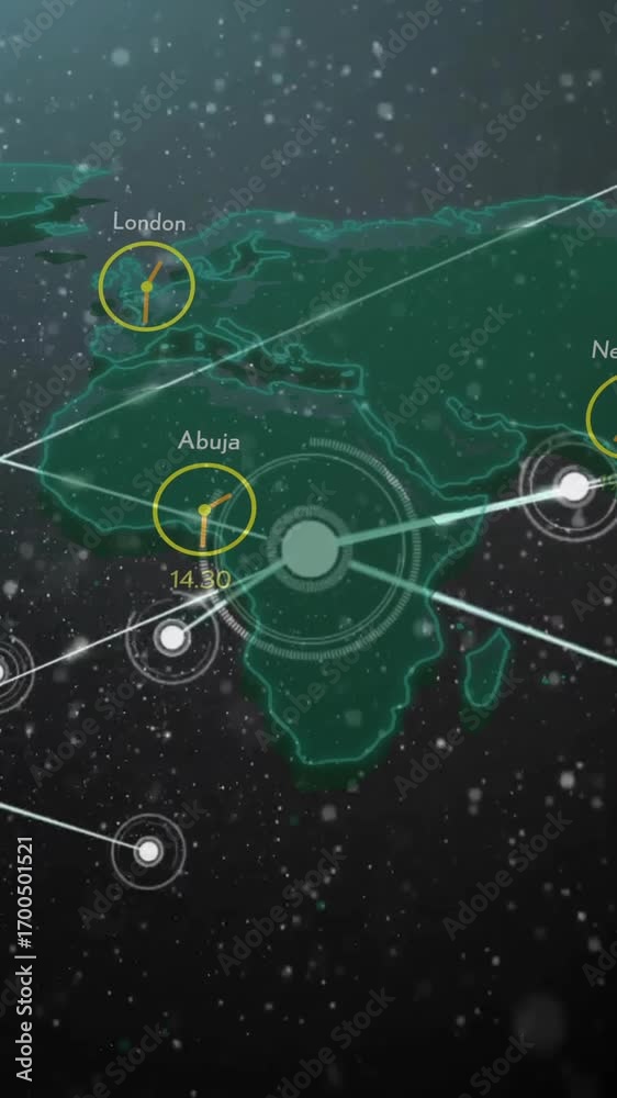 World map with interconnected cities and time zones, global network ...