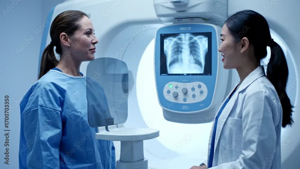 Doctor and Patient Reviewing Chest X-Ray - A female doctor and a female ...