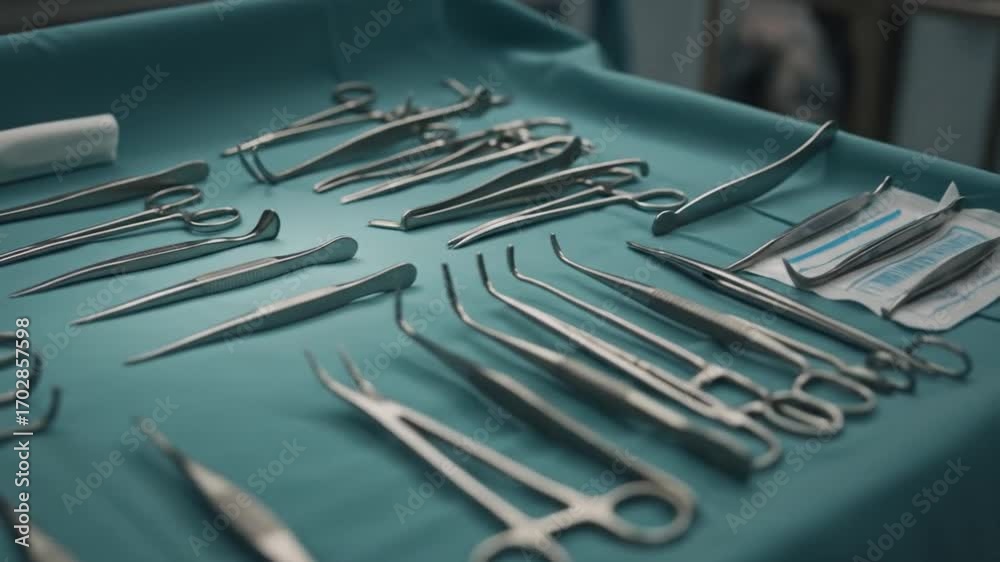 A collection of sterile stainless steel surgical instruments laid out ...