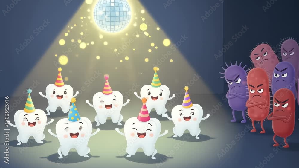 Happy cartoon teeth with party hats dance under a disco ball while ...