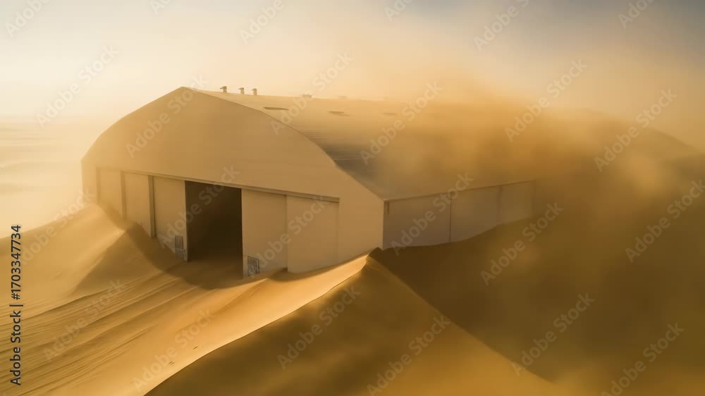 Abandoned architecture in the desert, Sandstorm burying a building in ...