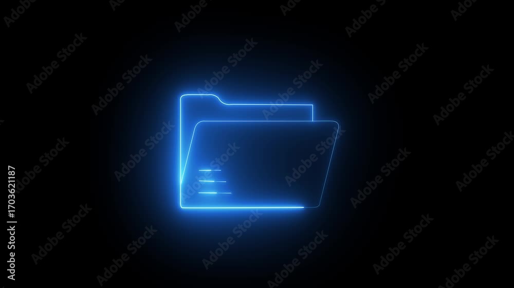 File manager icon animation in blue neon overlay on black background ...