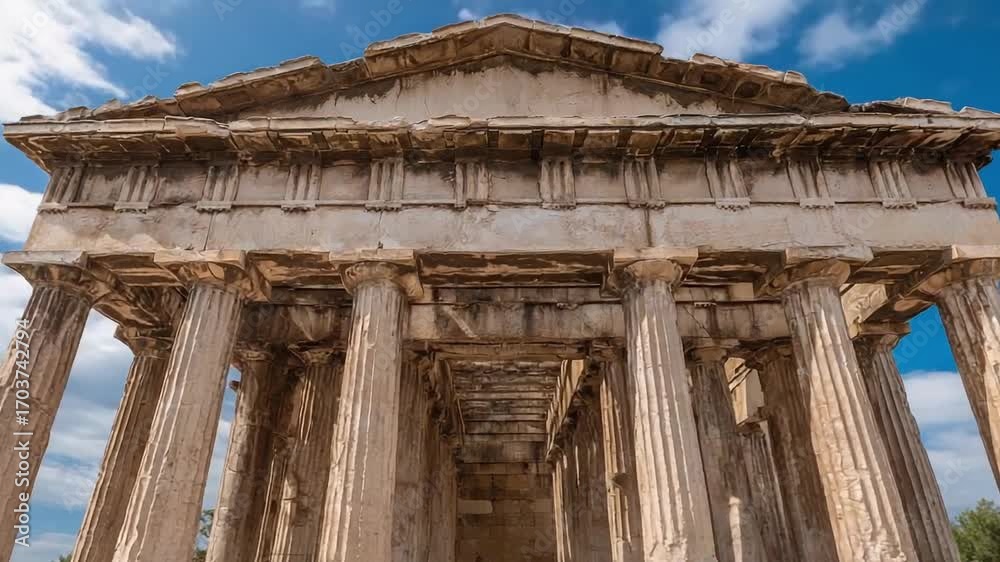 Ancient Greek temple ruin with a row of tall Doric columns and a ...