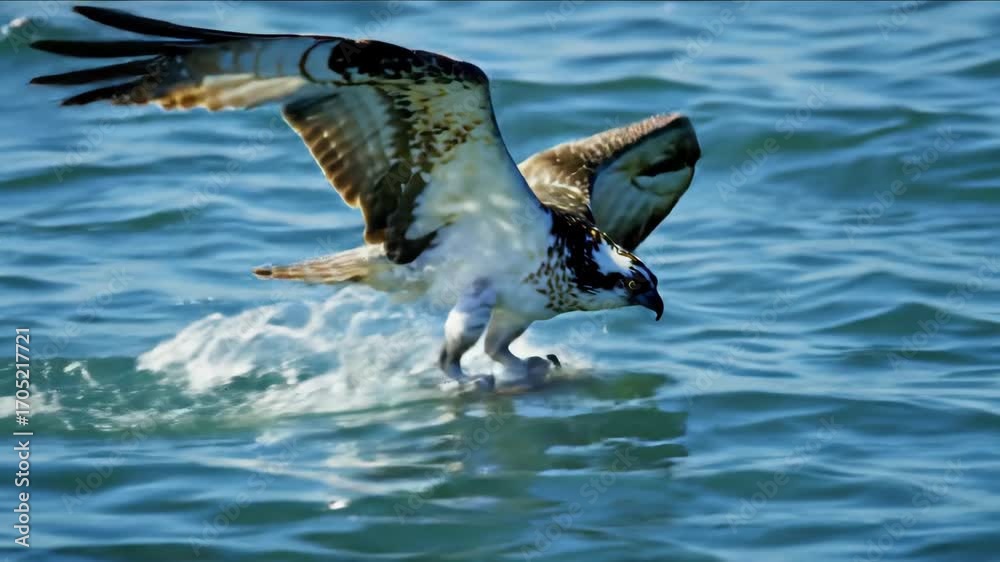 Osprey bird flying low over blue water searching for fish, wildlife ...