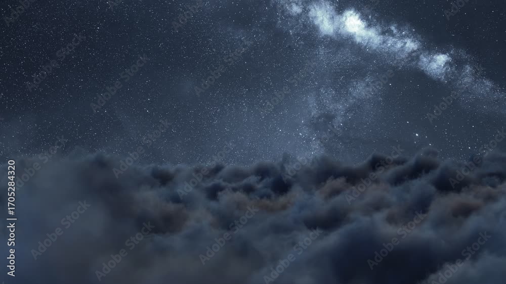 Flying through night clouds under the milky way galaxy in 3D animation Stock ビデオ | Adobe Stock