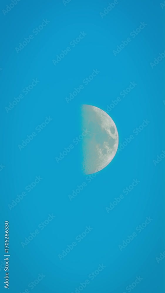 Moon appearing in daylight sky with half surface illuminated. Lunar ...