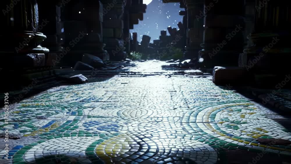 Ruins and mosaic floor with ancient columns and starry sky, archaeology ...
