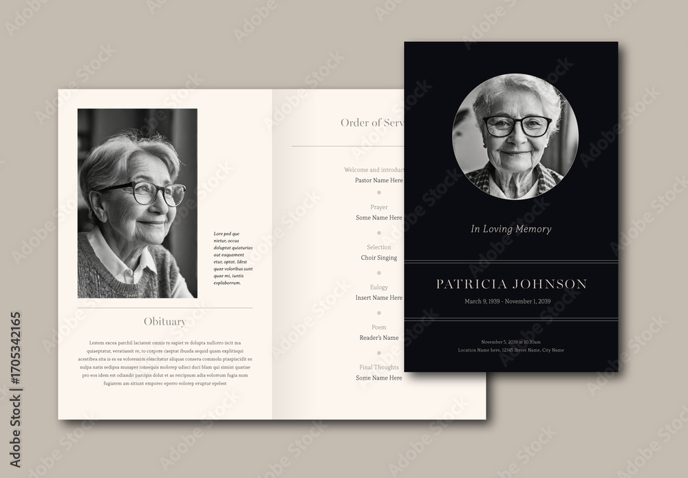Funeral Program Template with Dark Cover and Circular Photo Stock ...
