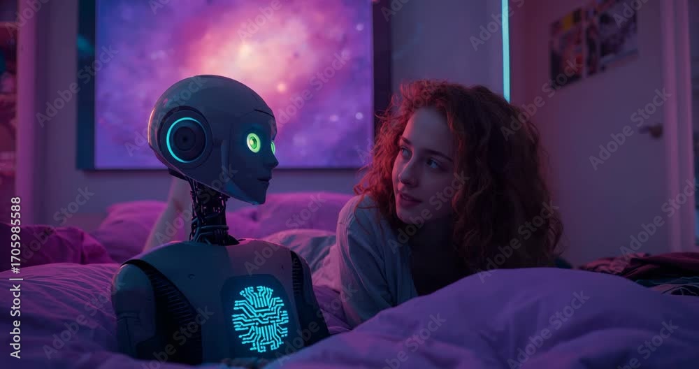 Robot powering on and blinking LED eye and chest panel in teenage ...