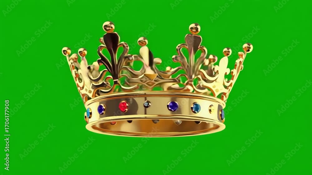 Golden crown spinning and rotating on green screen background isolated ...