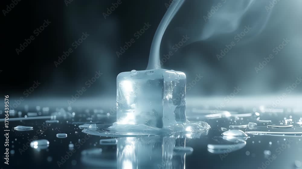 Ice cube melting on reflective surface, releasing vapor for dramatic ...