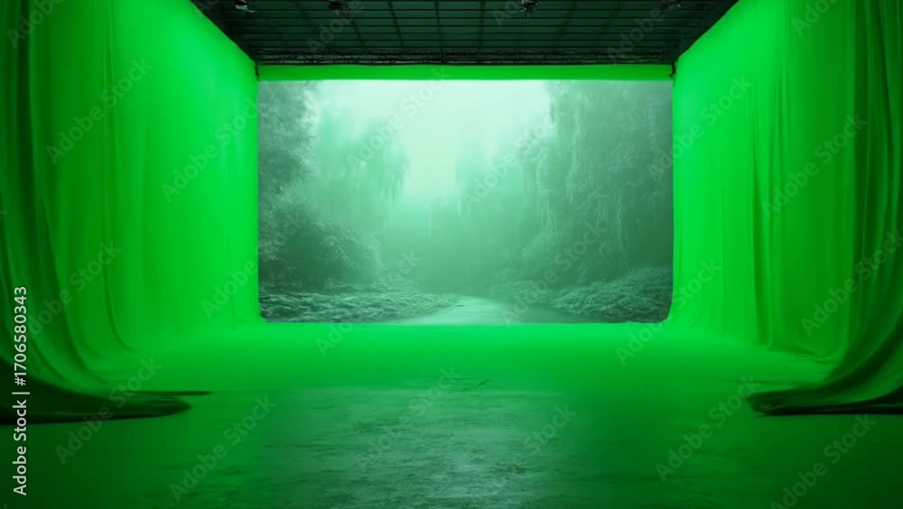 Professional chroma key green screen stage with forest pathway ...