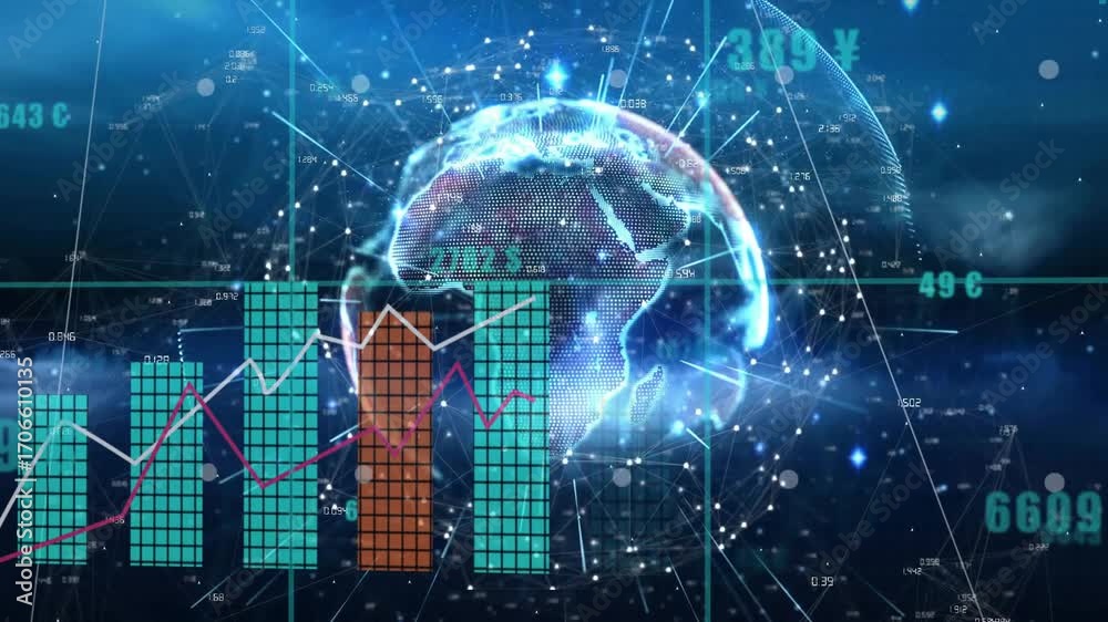Launching rotating 3D globe pulsing network data, then rising bar charts showing analytics ...