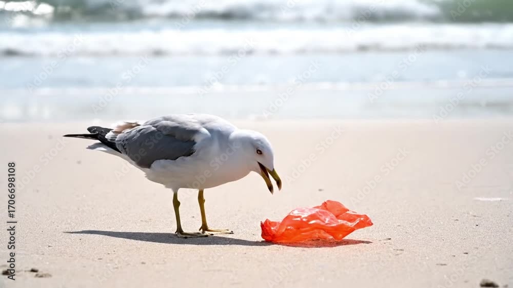 Seagull inspecting dangerous red plastic waste on a beautiful sandy ...