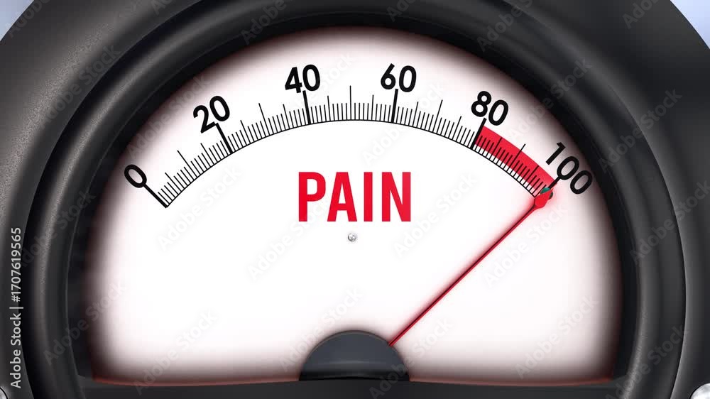 Pain meter that is hitting a full scale, increasing and high levels of ...