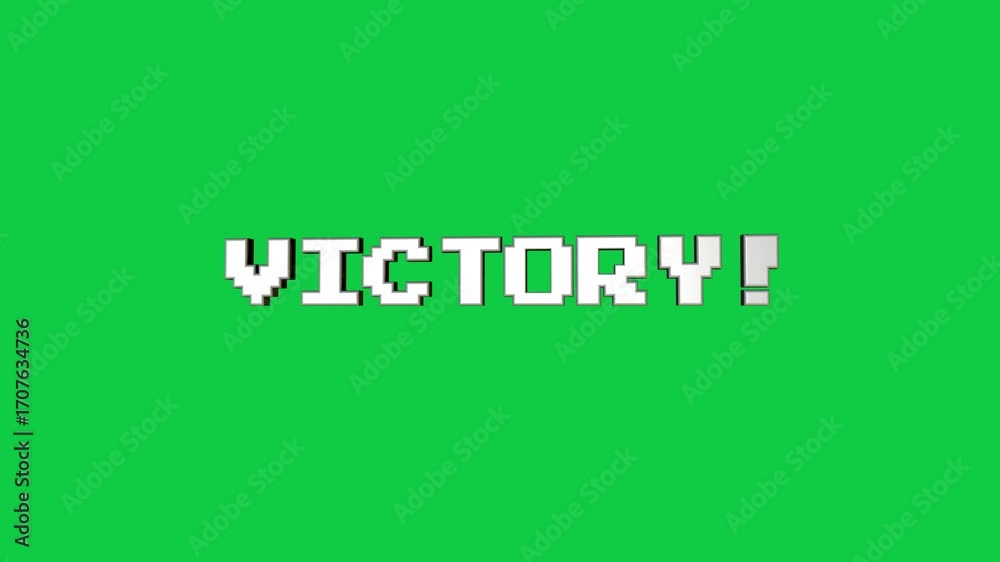 3D pixel "Victory" text flies in, tilts, and exits right on a green ...