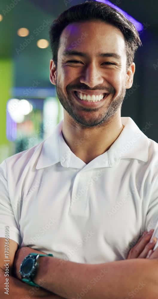 Arms crossed, face and laughing with man in gym for membership, sign up ...