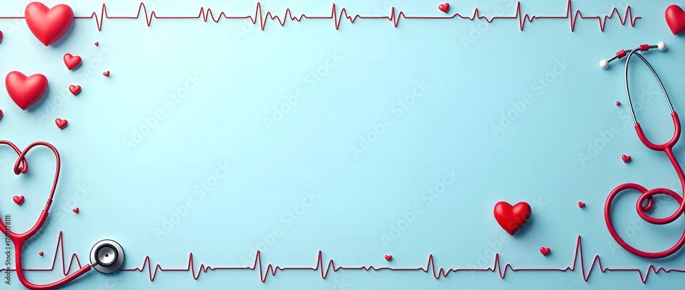 Creative World Health Day border with heartbeats and medical icons ...