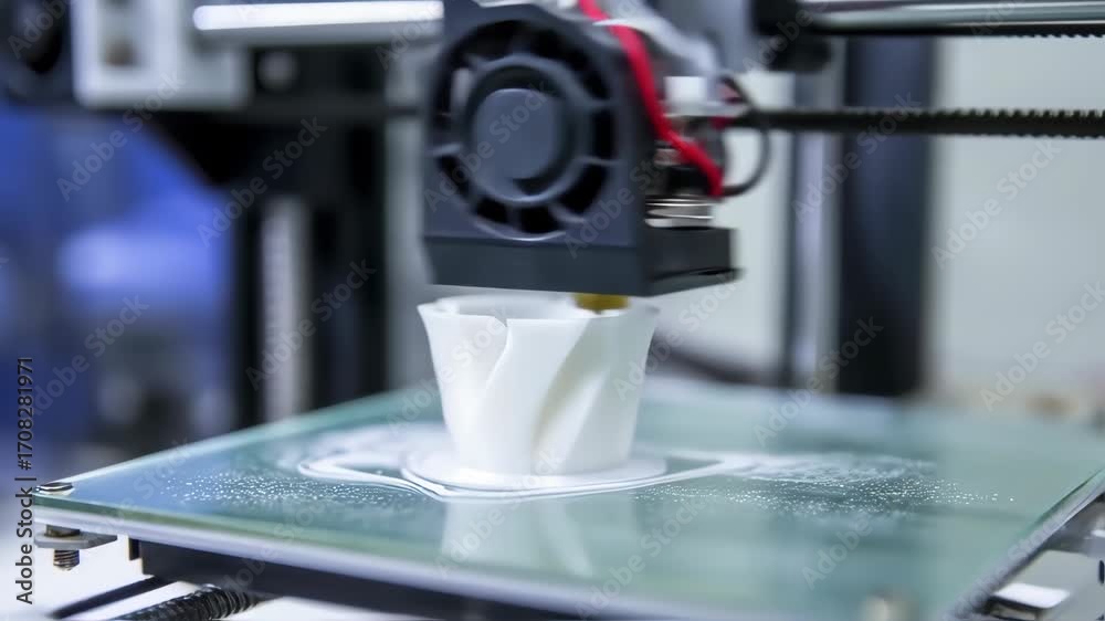 Close-up of a 3D printer in operation. A white 3D-printed object is ...