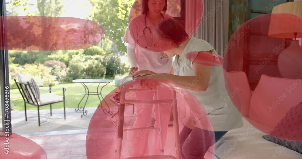 Medical nurse pulling walker, guiding patient standing with animated ...