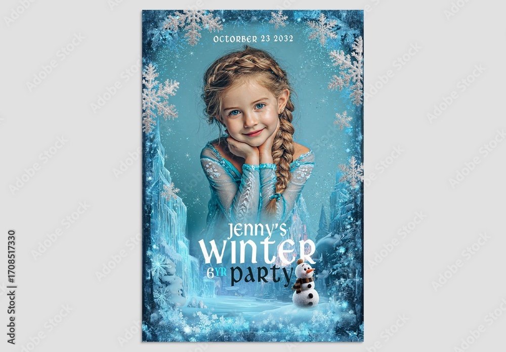 Frozen Birthday Party Invitation Flyer Template with Snowflake Overlays ...