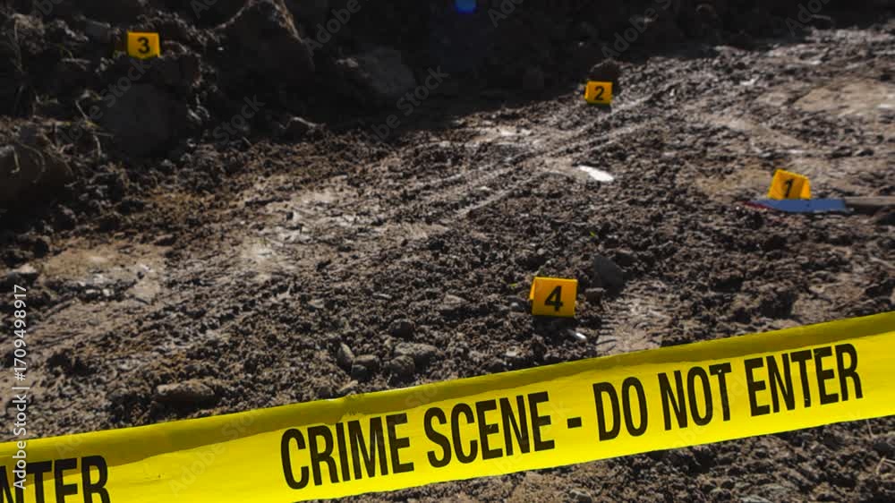 Police line Crime Scene investigation tape pulled in front of a muddy ...